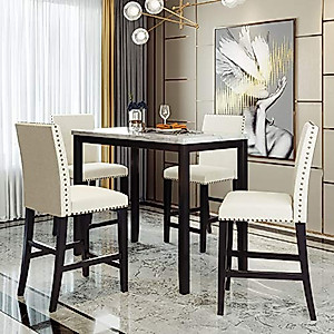 Harper & Bright Designs 5-Piece Kitchen Table Set Faux Marble Top Counter Height Dining Table Set with 4 Beige Fabric Upholstered Chairs