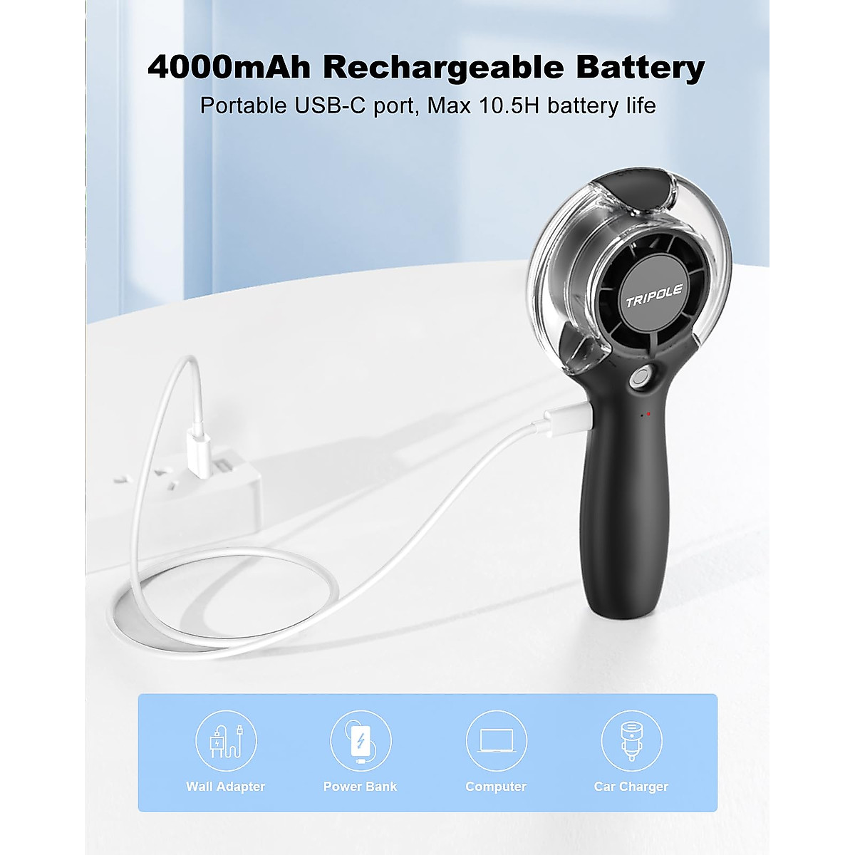 TriPole Misting Fan Portable Handheld Fan with Mist, 4000mAh Rechargeable Personal Mister Fan with 40ml Water Tank, High-Speed Airflow Mini Water Spray Fan for Outdoor Trip Travel Park Beach Camping