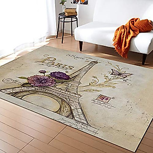 2'7''x 5' Paris Eiffel Tower Area Rug,Vintage Butter-Fly Flower Postmark Outdoor Indoor Washable Carpet Area+Rug for Living Room,Kids/Boys/Girls Bedroom,Bathroom,Classroom,Kitchen,Hallway,Floor Mat