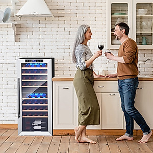 COSTWAY 20-Inch Wine Cooler Refrigerator, 43 Bottles Dual Zone Wine Cellar with 8 Wooden Shelves, Tempered Glass Door, Built-in or Freestanding Mini Wine Fridge for Home Office Bar