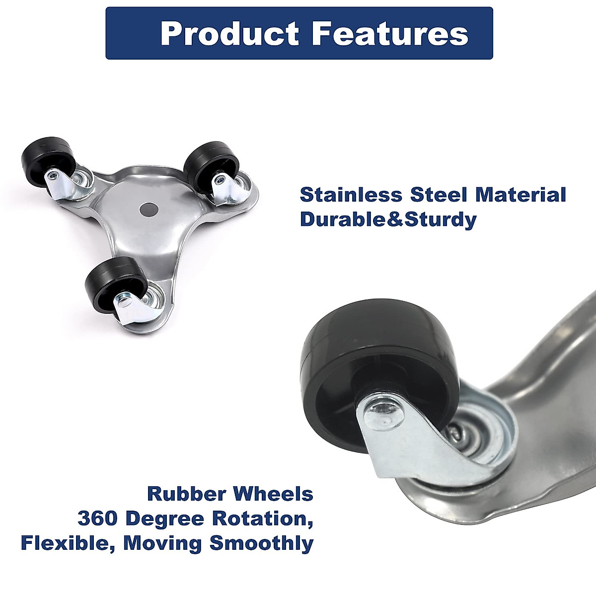 Ganggend 6 Inch Furniture Dolly Set 4 Pack, 330lbs Load Capacity Each Pack Steel Tri Dolly Furniture Lifter, Mover Dolly 3 Wheels Heavy Duty for Moving Cabinet, Furniture, Appliances, Silver