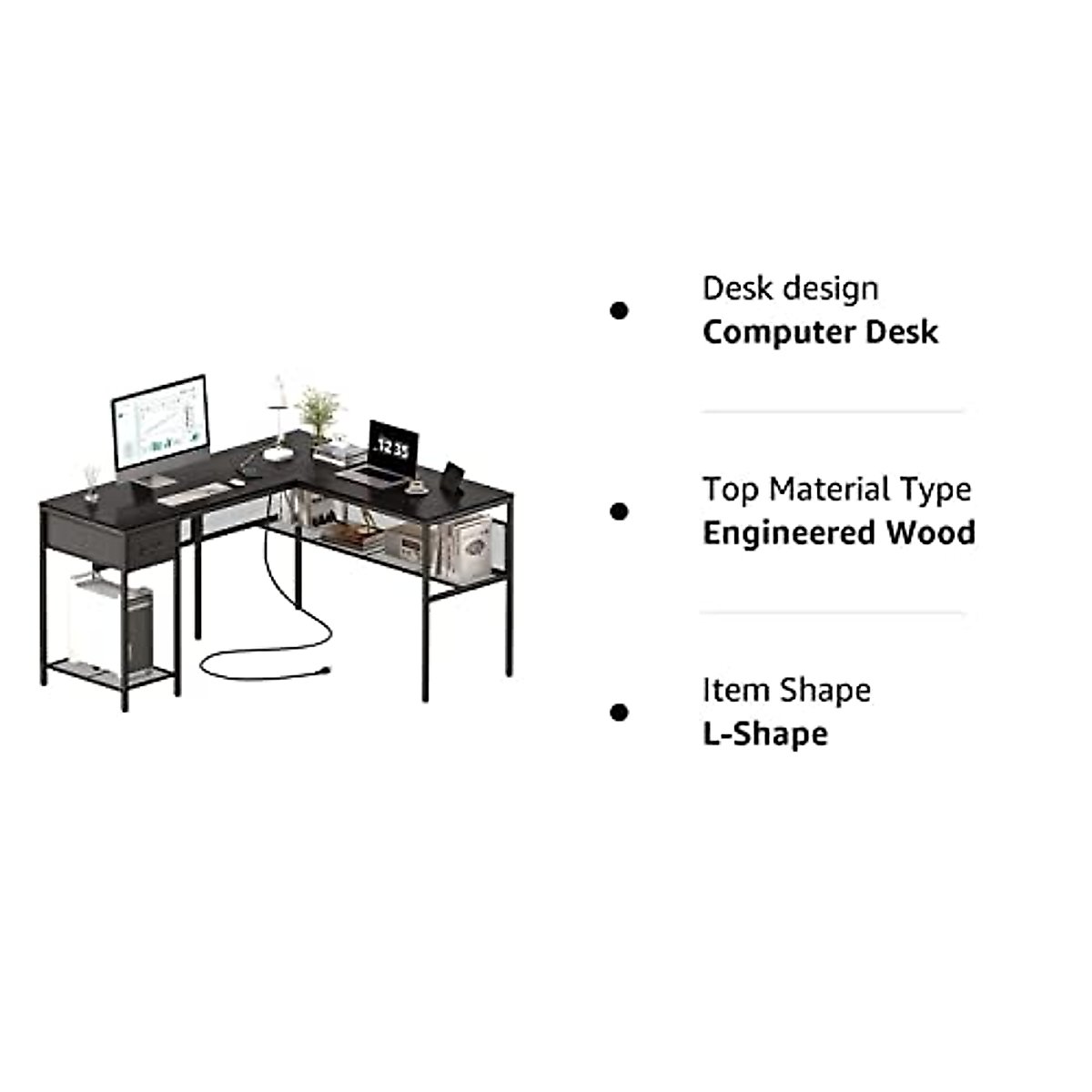 SUPERJARE L Shaped Desk with Power Outlets, Computer Desk with Drawer, Reversible Corner Desk with Grid Storage Bookshelf, Home Office Desk, Black