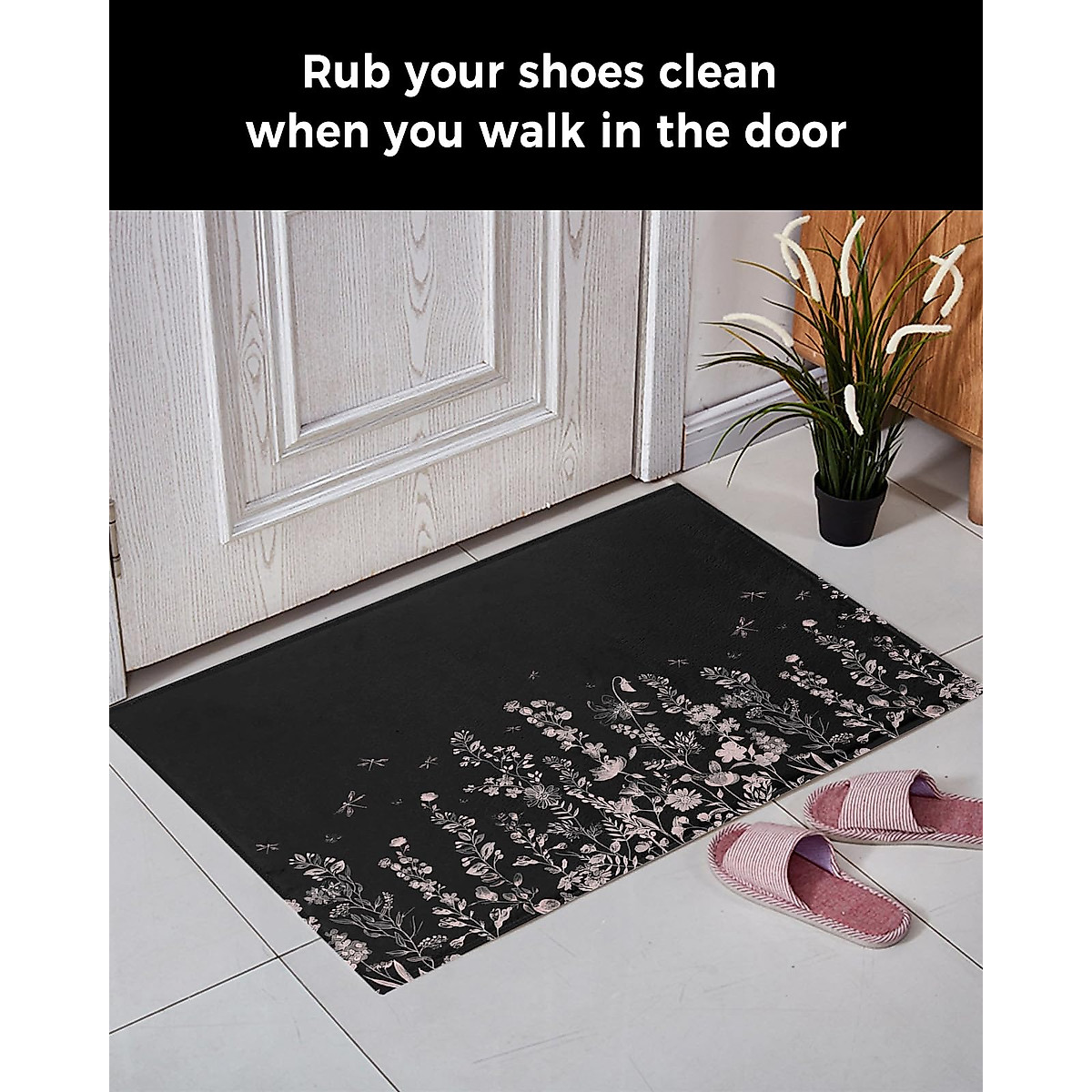 Black Flower Plush Rug Non Slip Bath Mat, Soft Shaggy Long Fur Fuzzy Bath Rugs 16" x 24" Vintage Floral Aesthetic Leaves Dragonfly Carpet Mat for Bathroom Shower Home