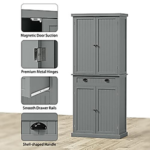 Function Home 72" Kitchen Pantry Cabinet, Tall Storage Cabinet, Freestanding Cupboard with Drawer and Adjustable Shelves, Pantry Cabinets for Kitchen Bathroom Living Room, Grey
