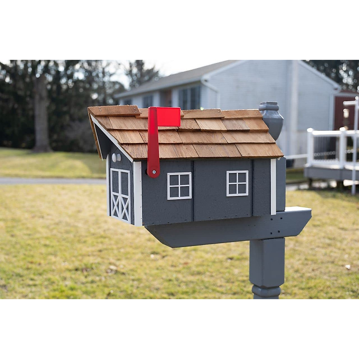 Wood Mailbox with Cedar Shake Roof and Magnetic Latch - Choose Your Color (Grey & Cedar Shake & White)