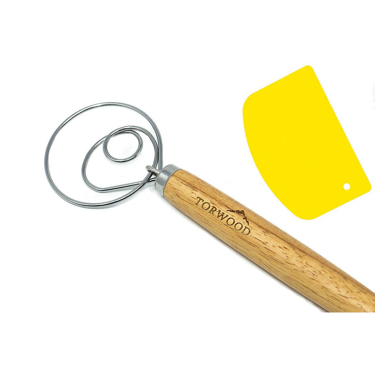 Torwood Danish Dough Whisk Bread Mixer Large 13.5 inches Stainless Steel Wooden Dutch Hook for Baking, Loaves, Pastries and Pizza, comes with a Dough Scraper