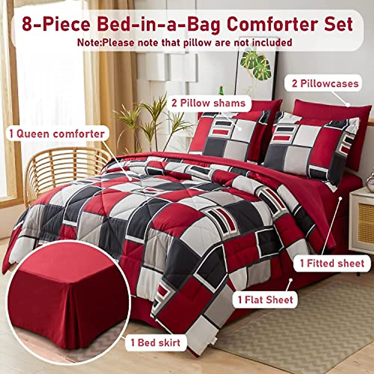Junsey 8 Pcs Bed in A Bag Queen Size, Red Black Plaid Comforter with Flat Sheet,Fitted Sheet, Bed Skirt, Pillowcases & Shams, Burgundy Patchwork Down Alternative Bedding Comforter with Sheet