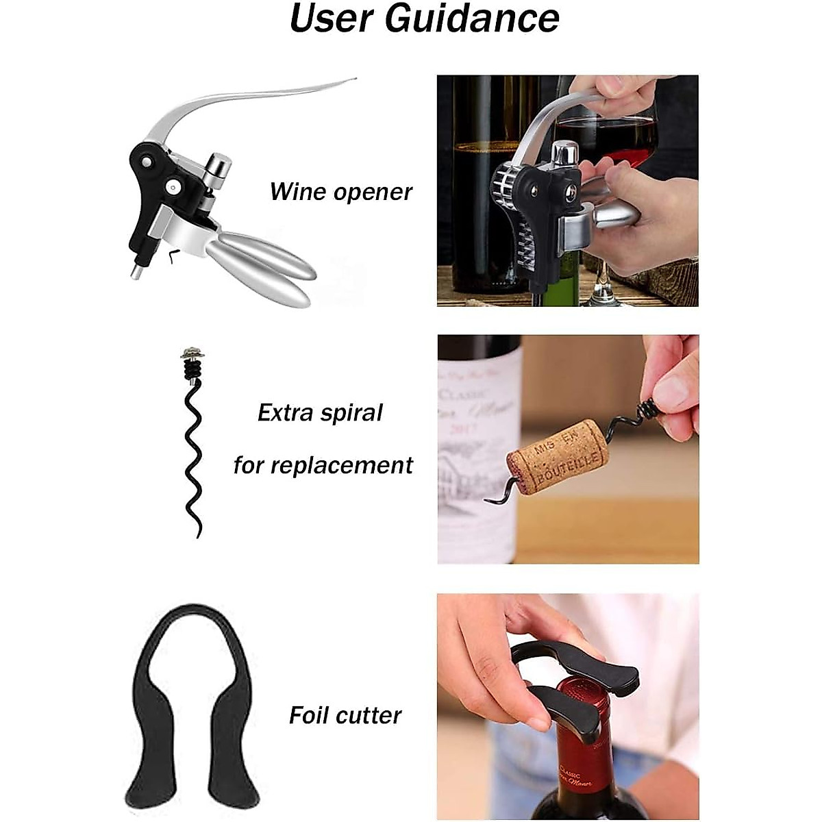 Cooko Wine Opener Set,Wine Bottle Opener Including Foil Cutter, Bottle Stopper Pourer and Extra Spiral,Wine Corkscrew Set,Gift box Opener Kit.