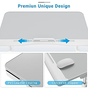Laptop Bed Tray Desk, PVC Leather Adjustable Laptop Stand Bed Table, COKWEL Foldable Notebook Table with Storage Drawer for Bed Sofa Couch Eating Reading Working(Large, Gray)