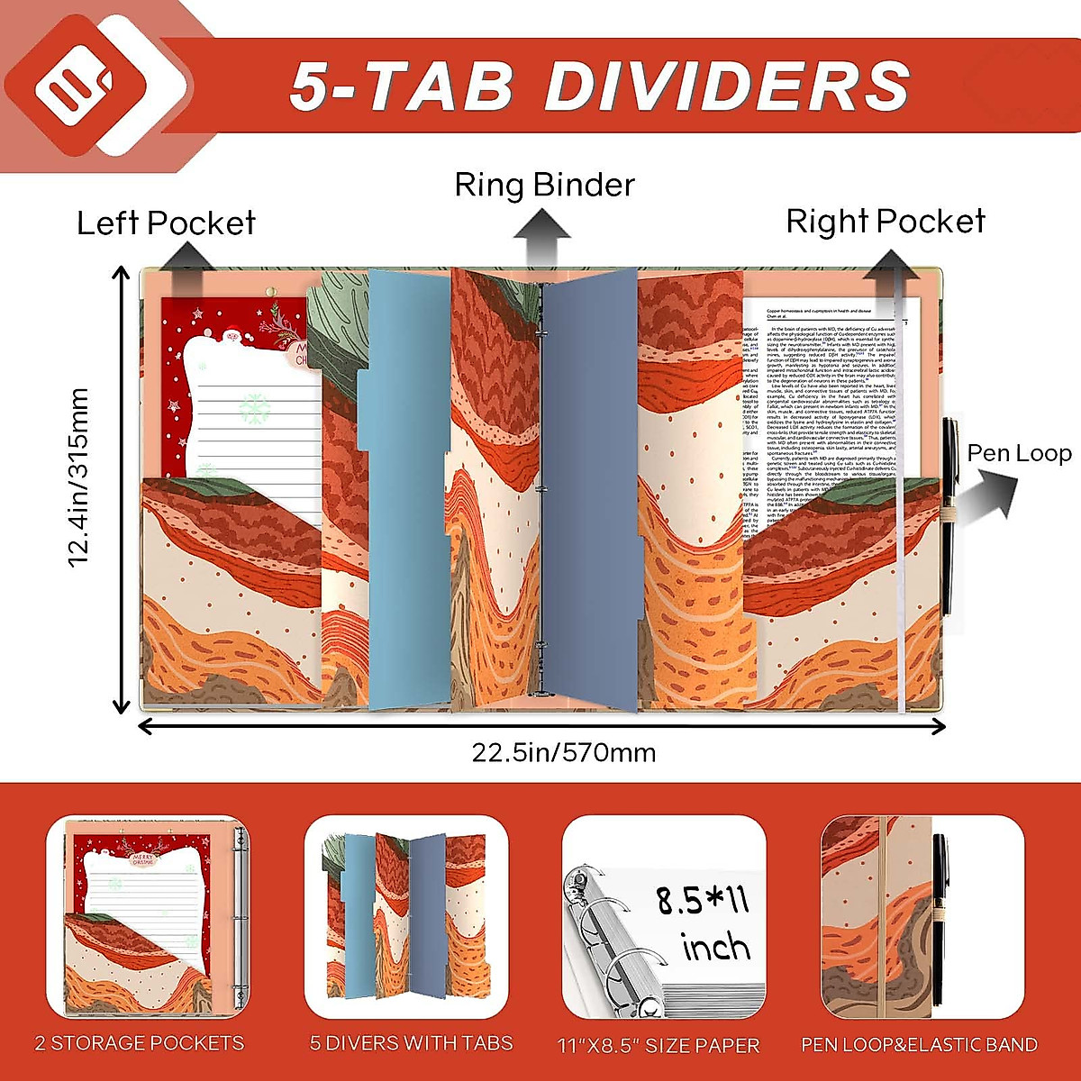 EYROZILL 3 Ring Binder 1 Inch for Letter-Size 8.5" x 11" Paper with 5-Tab Dividers, Cute Three Ring Binder folders with Profile Clipboard for Women School Office Supplies, Desert Camel