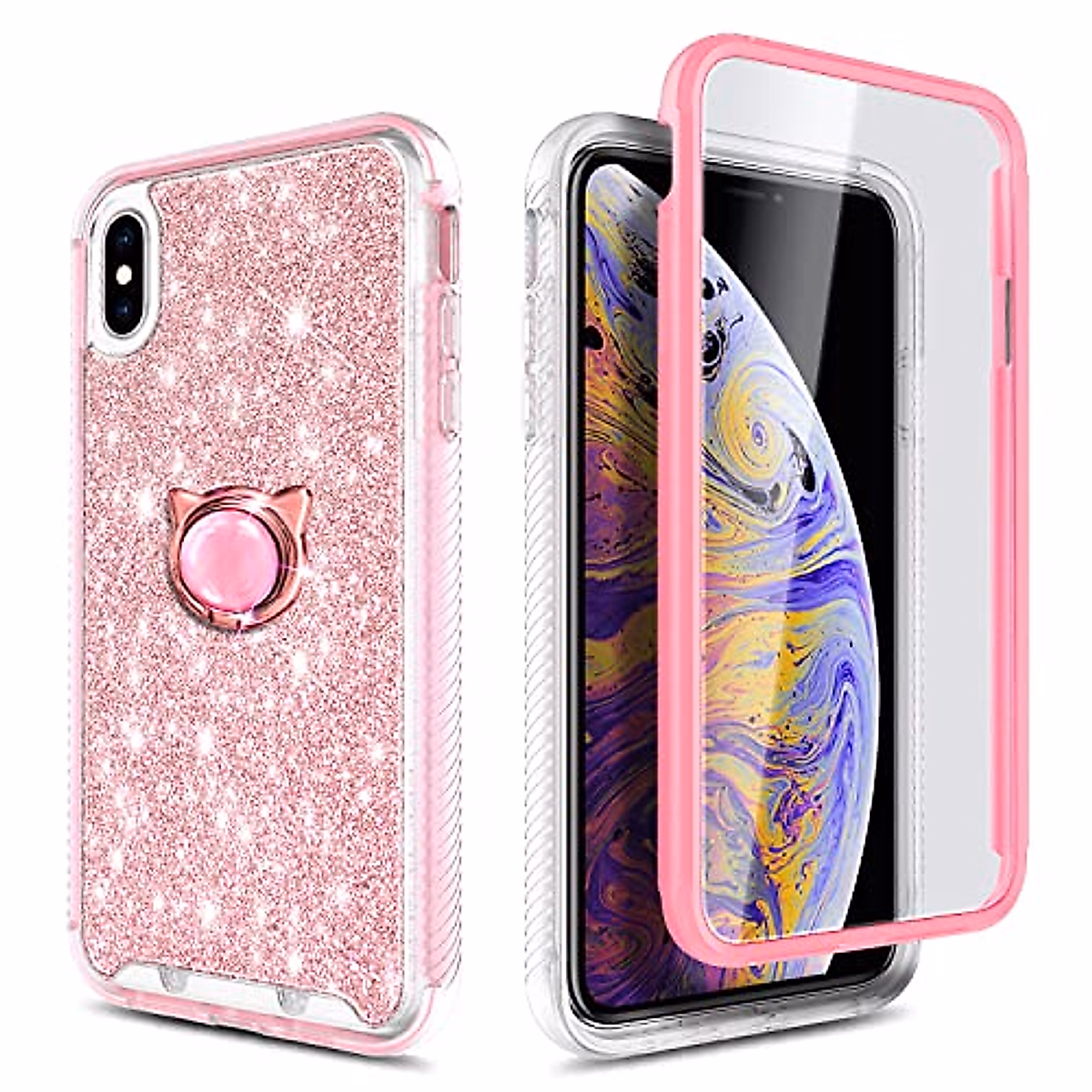 NGB Supremacy Compatible with iPhone X/iPhone Xs Case with [Built-in Screen Protector] Ring Holder/Wrist Strap, Full Body Protection, Slim Fit Shockproof Bumper Durable Cover Case (Glitter Rose Gold)