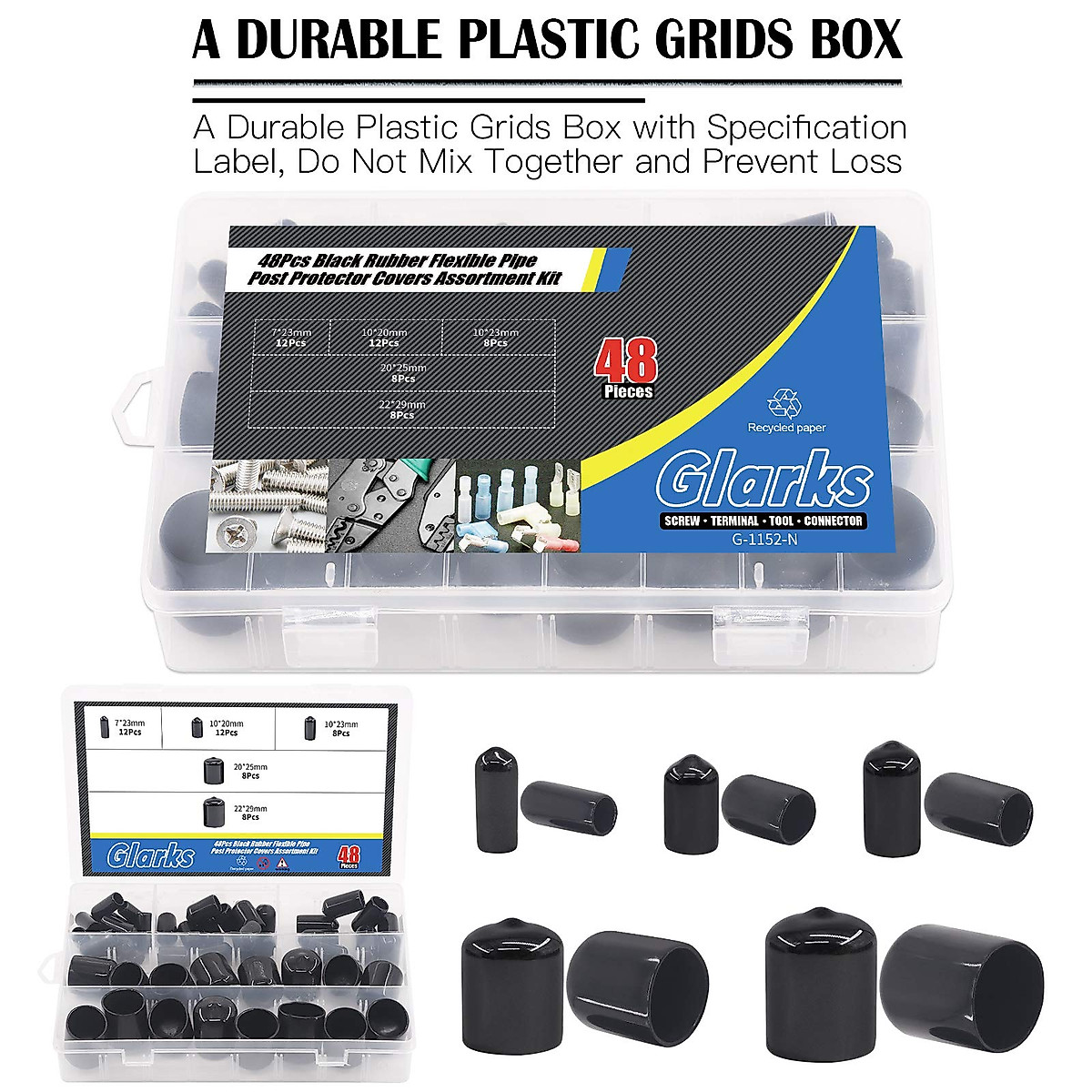 Glarks 48Pcs 1/4'' 3/8'' 1/2'' 3/4'' 7/8'' ID Black Rubber Thread Protector Covers Assortment Kit Vinyl Tube End Caps Round End Flexible Caps Set for Protecting Furniture Feet Tube and Screw