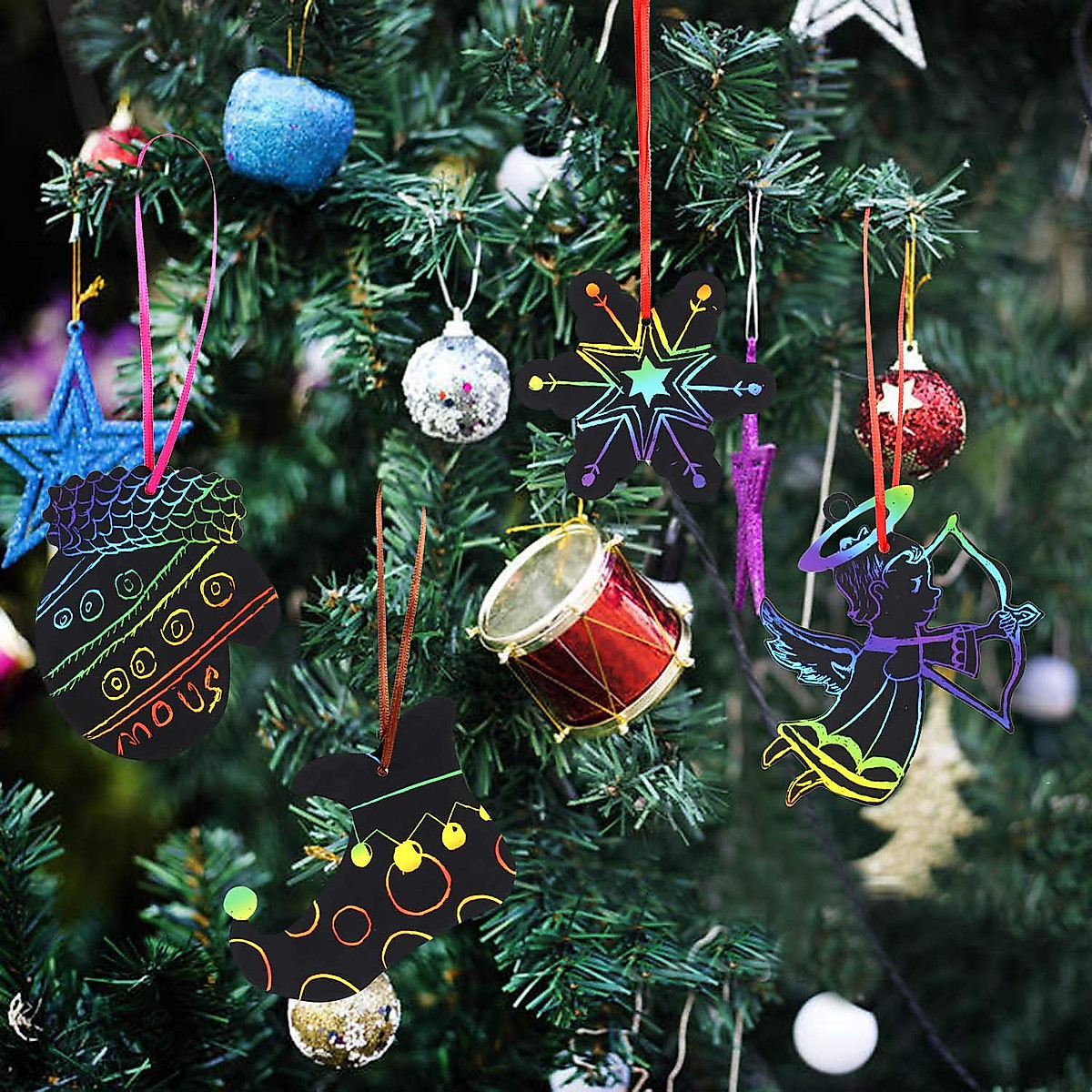 ACEHOOD 48 Sets Christmas Rainbow Scratch Paper Ornaments Kids Art Craft DIY Xmas Ornaments Christmas Party Decorations for Kids