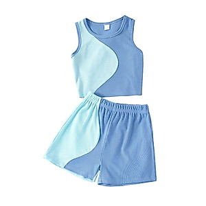Verdusa Girl's 2 Piece Workout Outfit Colorblock Crop Tank Top and Short Sets Blue 9Y