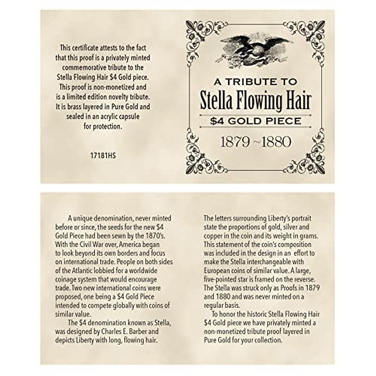 1879 P Stella Flowing Hair Gold Piece $4 American Mint State