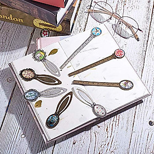 SUNNYCLUE 12Pcs 2 Styles Ruler Bookmark Pendant Tray Kit with 8Pcs Bookmark Cabochon Setting 4Pcs Ruler Cabochon with Clear Oval Round Glass Cabochon for DIY School Office Supplies Book Gifts Making