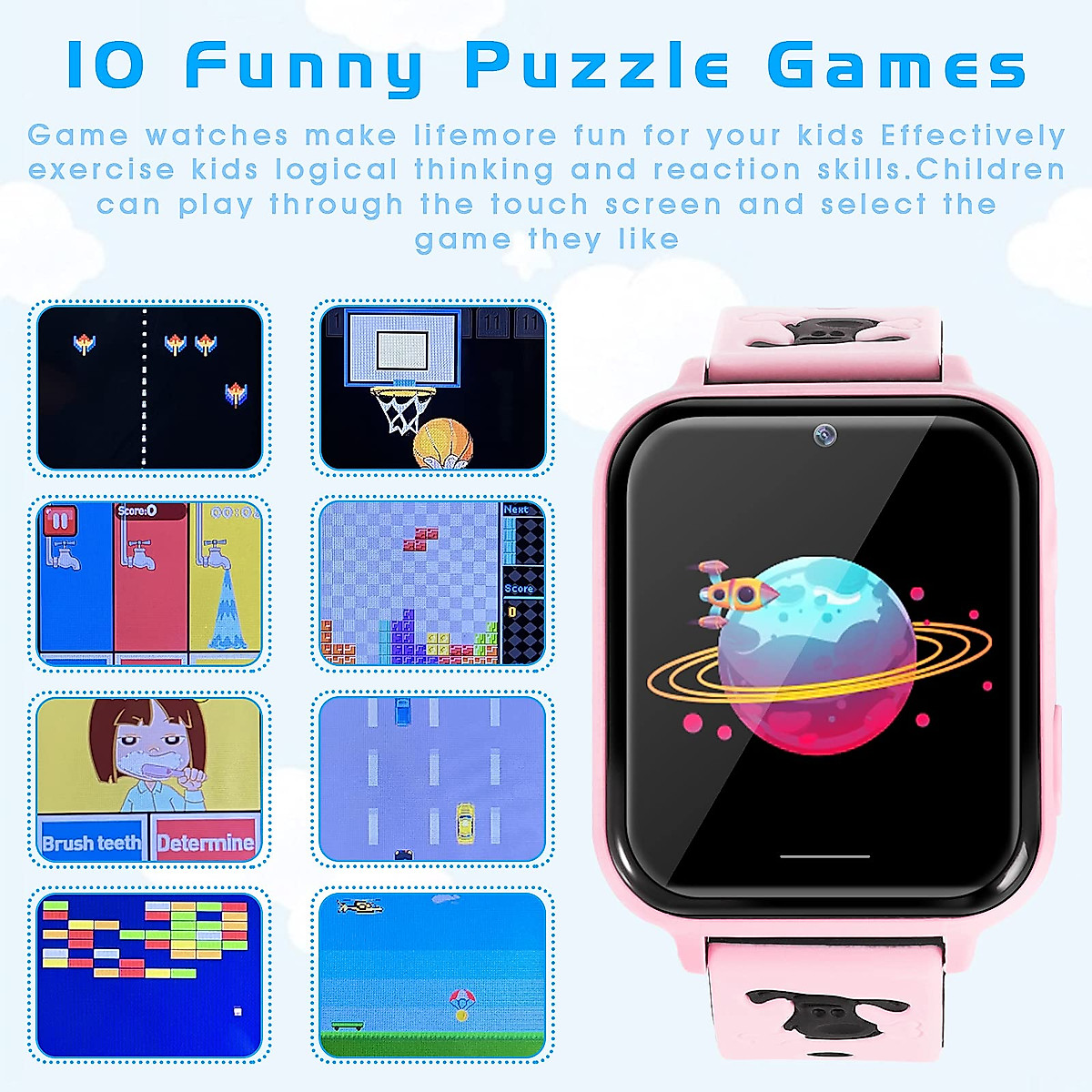 Kids Smart Watch Phone, HD Touch Screen Smartwatch with Music MP3 Player, Video Recorder, Camera, Games, SOS, Dinosaur Wristband, (1GB SD Card) Sport Wrist Watch for Age 3-14 Boys Girls Gifts-Pink