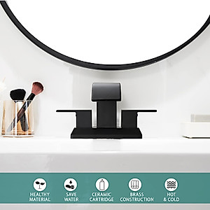 Hoimpro 3 Holes 4 Inch Bathroom Faucet, Waterfall Matte Black Bathroom Faucet Two Handles Centerset Bathroom Sink Faucet Vanity Sink Faucet with cUPC Supply Hoses and Pop Up Drain