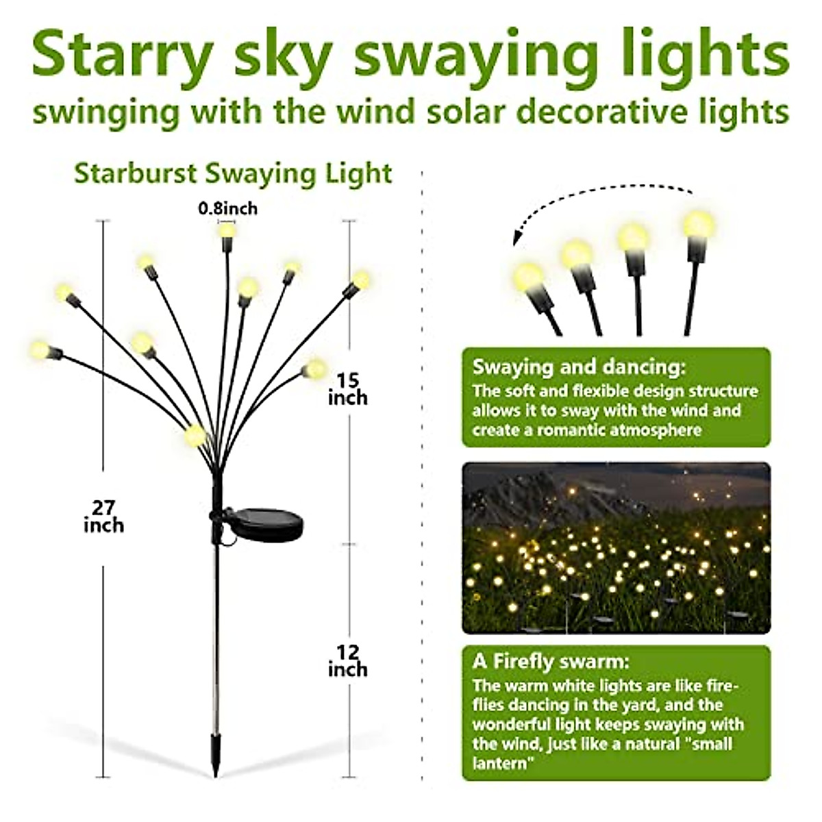 Solar Garden Lights 10LED - New Upgraded Solar Swaying Light, Sway by Wind, Ip65 Waterproof Solar Outdoor Light,Super Bright Light Bulb & High Flexibility Iron Wire, Yard Patio Pathway Decoration
