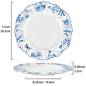 fanquare Vintage 11 Inch Porcelain Dinner Plates Set of 4, Blue Floral Ceramic Serving Plates, Microwavable Plates