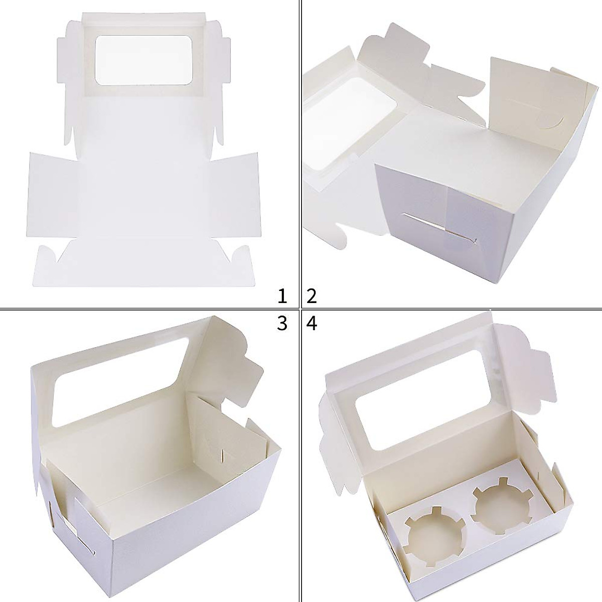 PRALB 50Pack White Paper Cupcake Boxes with Pvc Window and Two Treat Holder, Pastry and Cookie Box,Cupcake Containers Bakery Cake Box,Auto-Popup Cupcake Carriers Bakery Cake Box(6.3x3.5x3inch)