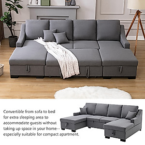 LUMISOL U Shape Sleeper Sectional Sofa, Convertible Sofa Bed with Double Storage Chaise, Modern Upholstered Sofa Couch with Pull Out Sofa Bed and 2 Tossing Cushions for Living Room Apartment, Grey