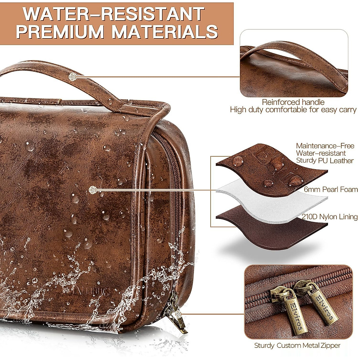 Elviros Hanging Toiletry Bag Removable Travel Bag PU leather Makeup Cosmetic Organizer Kit, Dark Brown
