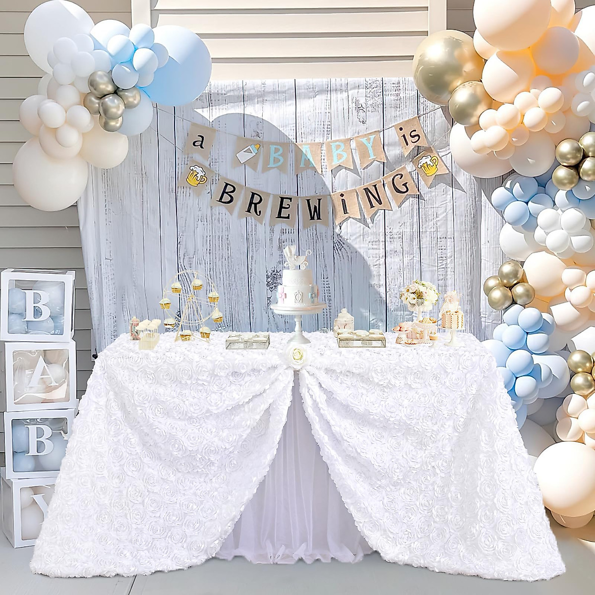 Rosette Tablecloth White 50x80 Inches Rectangular 3D Floral Satin Rosette Fabric Table Cover Grandiose Wedding Party Baby Shower Decorations