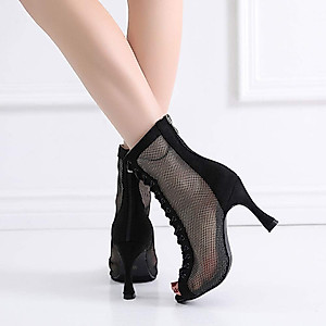 RUYBOZRY Women's Open Toe Ankle Latin Dance Boots Salsa Ballrooom Performence Practice Party Dance Shoes Heels,QJW7179-Black-7.5,US 8.5