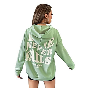 Floerns Women's Letter Graphic Print Long Sleeve Drawstring Hoodie Sweatshirt A Mint Green M