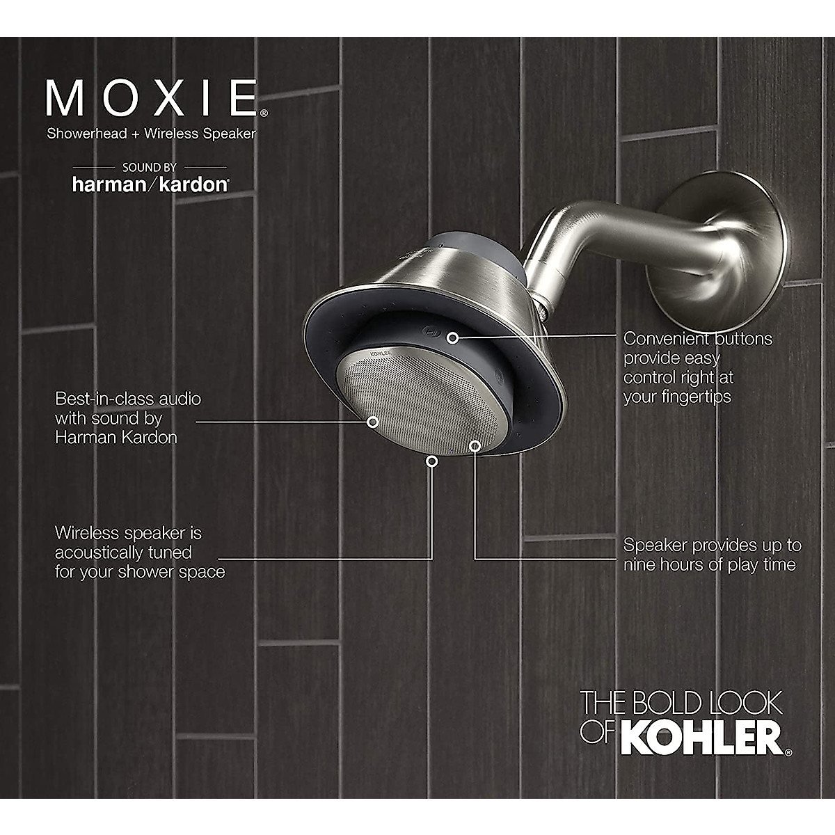 KOHLER 28238-NKE-BN Moxie Bluetooth Showerhead, Waterproof Shower Speaker, 2.5 GPM, Vibrant Brushed Nickel