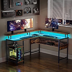 Rolanstar Computer Desk L Shaped 59'' with LED Lights and Power Outlets, Reversible L Shaped Gaming Desk Bundle End Table with Charging Station, 3 Tier Slim Nightstand