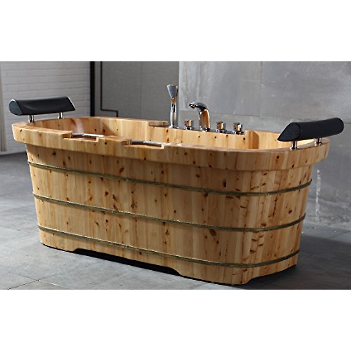 Alfi Brand AB1130 2 Person Free Standing Cedar Wooden Bathtub with Fixtures & Headrests, 65"L x 30.75"W x 23.63"H, Natural Wood