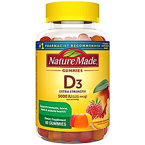 Nature Made Extra Strength Vitamin D3 5000 IU (125 mcg) per serving, Dietary Supplement for Bone, Teeth, Muscle and Immune Health Support, 80 Gummies, 40 Day Supply