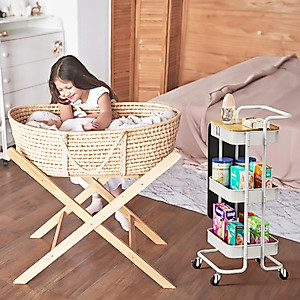 DTK 3 Tier Metal Utility Rolling Cart with Table Top and Side Bags, Metal Tray Storage Organizer Cart with Wheels, Art Craft Cart with 4 Hooks for Kitchen Bathroom Office Living Room (White)