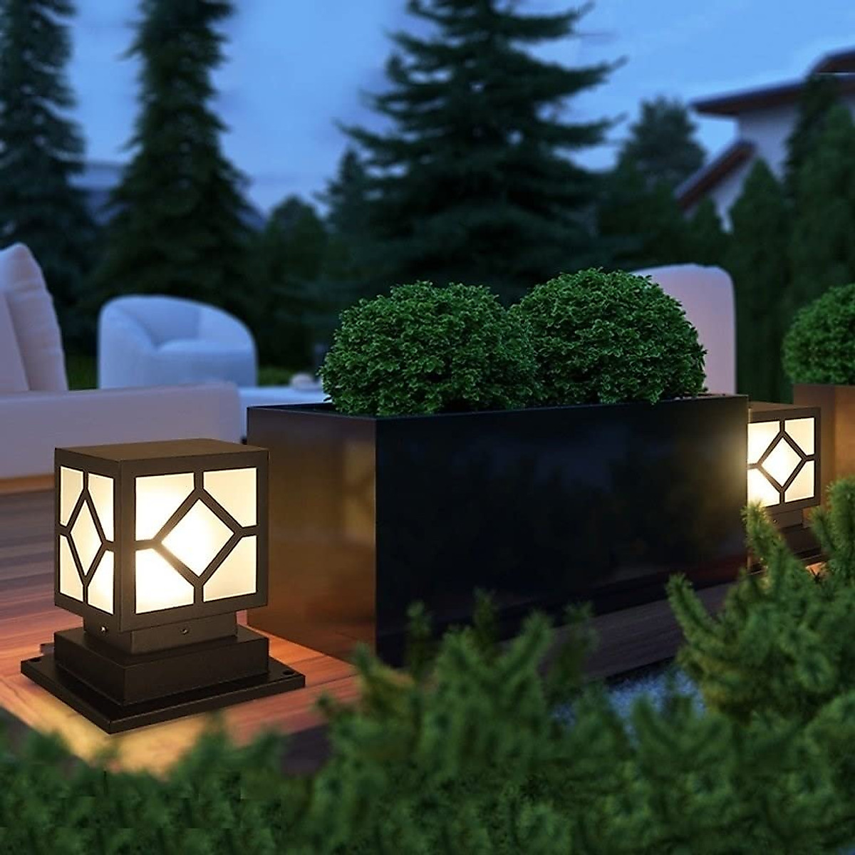 MODEBHD 23cm High Outdoor Post Column Lamp Lawn Garden Light Landscape Single Head Metal with Glass Shade Pillar Lights Villa Wall Door Post Lantern Light, IP44 Waterproof Black Post Lights