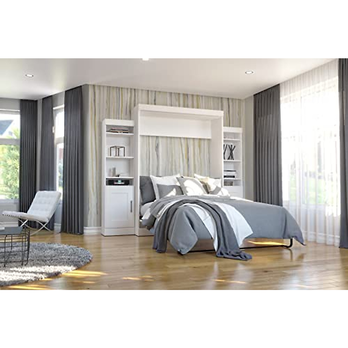 Bestar Queen Murphy Bed with Storage Cabinets, 107-inch Wall Bed for Multipurpose Guest Room