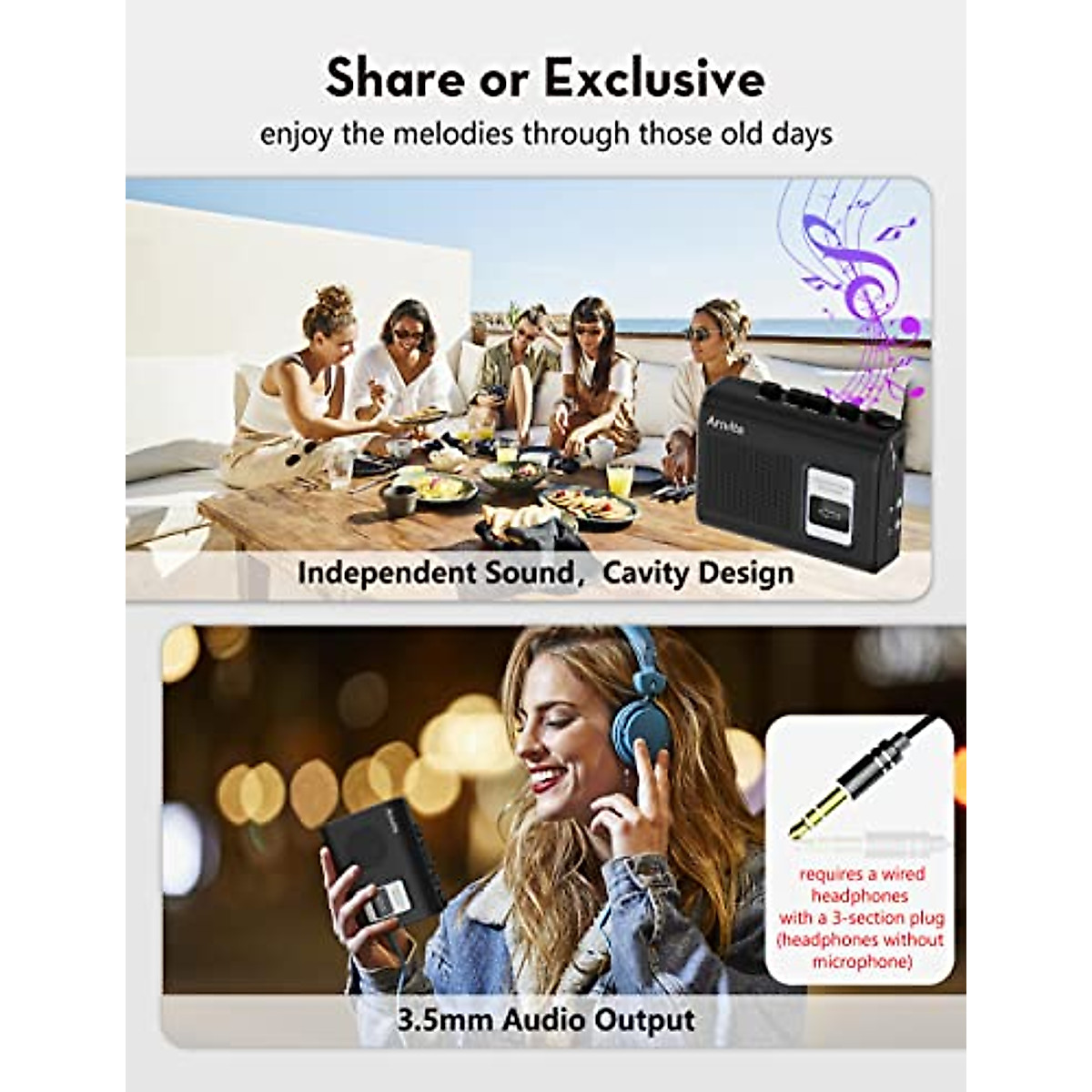 Arsvita Walkman Cassette Player, Portable Tape Recorder, Build-in Speaker and Microphone,Black