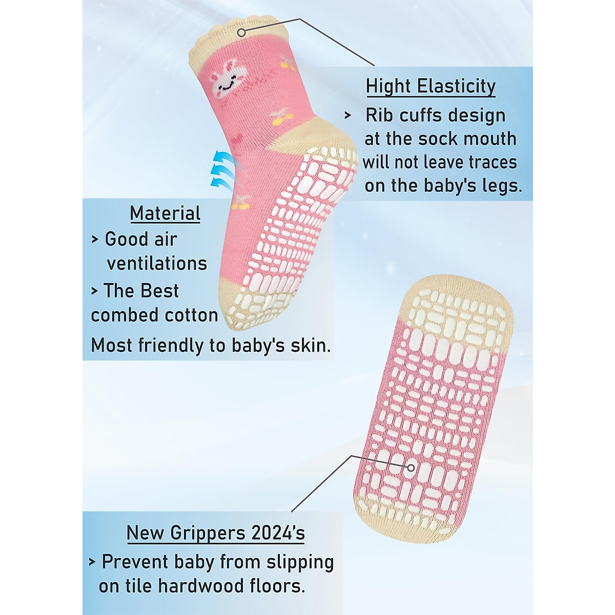 RATIVE Non Skid Anti Slip Cotton Dress Crew Socks with Grips for Baby Infant Toddler Kids Girls (3-5T, RG-820821)