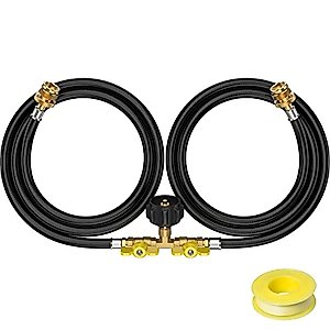 PatioGem 5ft Propane 2 Way Y Splitter Adapter Hose,1 lb to 20 lb Converter with Shut Off Valve, Propane Adapter 1lb Portable Appliance to QCC1/Type1 5-40lb Tank,350PSI for Heater,Camping Stove,Grill