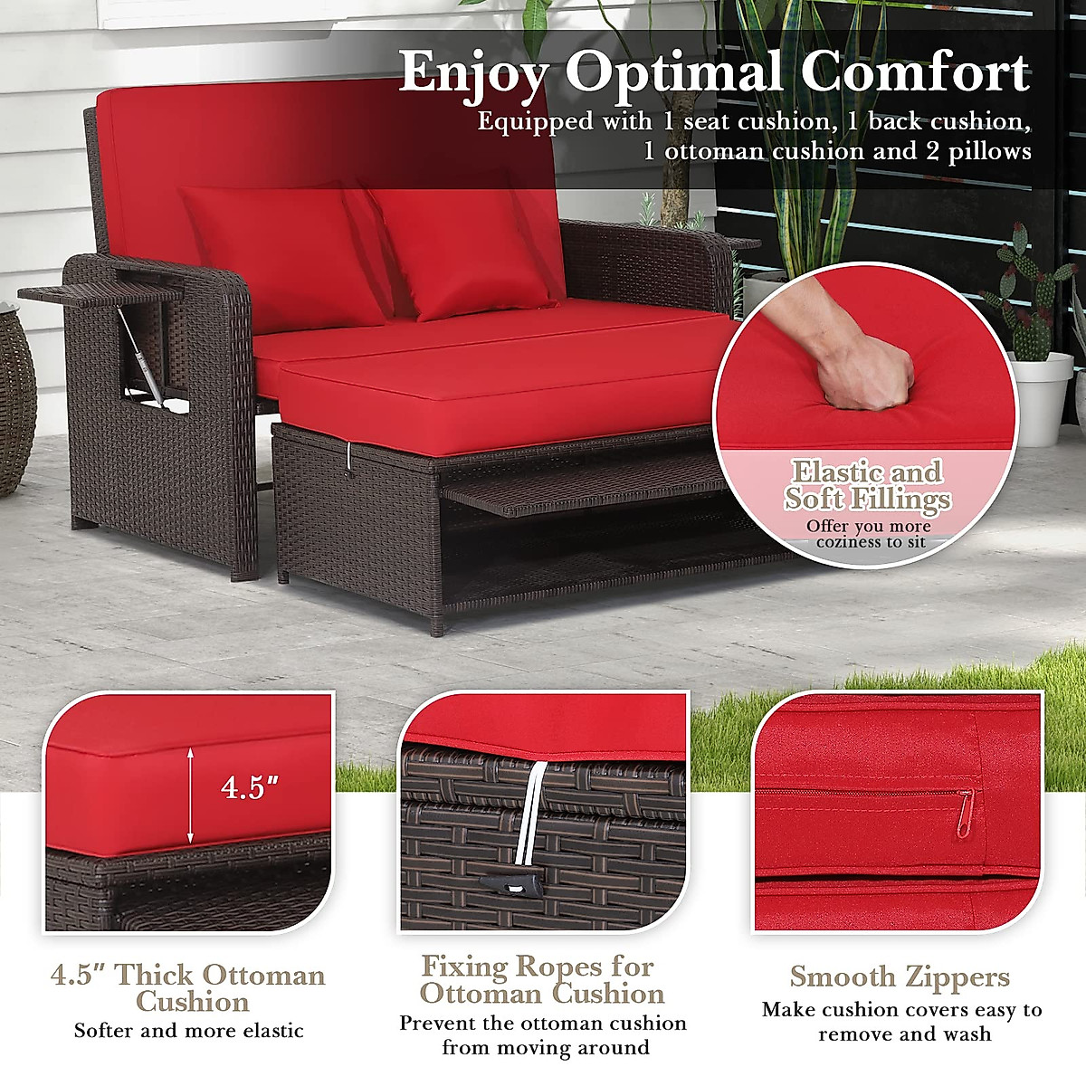 Tangkula Patio Rattan Daybed, Patiojoy Wicker Loveseat Sofa w/Multipurpose Ottoman & Retractable Side Tray, 4-Level Adjustable Backrest, Footstool w/Storage, Seat & Back Cushion Included