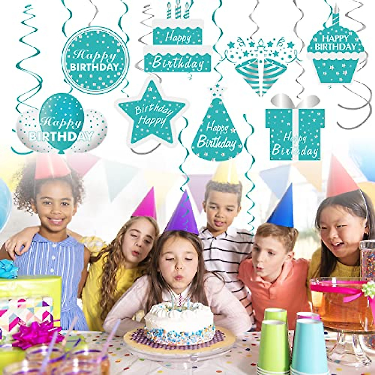 Teal Silver Birthday Decorations Hanging Swirls Party Supplies, 30Pcs Breakfast Blue Happy Birthday Foil Swirls for Girls Women, 16th 21st 30th 40th 50th 60th Bday Ceiling Swirls Sign