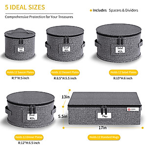 China Storage Containers Hard Shell Box for Moving Dishes, Plate, Saucers, Dinnerware, Mugs, Wine and Glasses Quilted Organizer Dividers for Packing Fine China Storage Containers 5Piece Grey