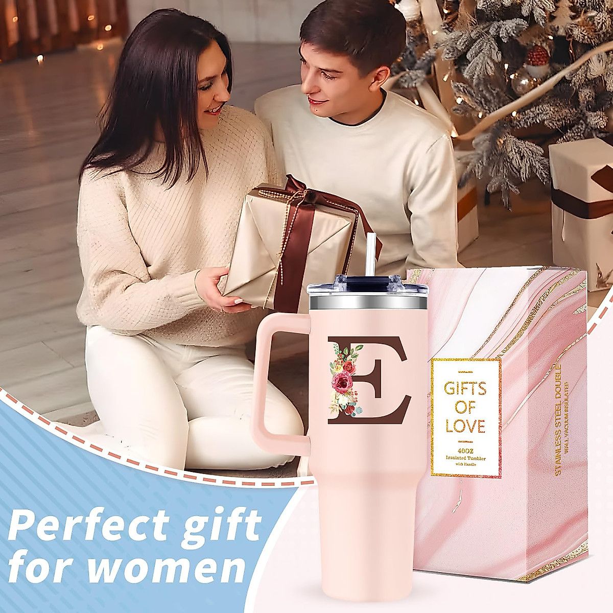 Monogrammed 40oz Tumbler with Handle for Women, Personalized Birthday Gifts for Women,Initial Cups for Woman Floral Letter E,Customized Gifts for Female Lady Gift for Mothers Day Christmas