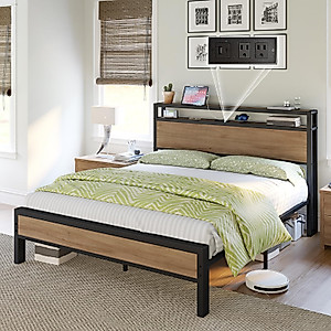 Queen Size Bed Frame, Platform Bed Frame with 2-Tier Storage Headboard and Charging Station/No Box Spring Needed/Noise Free/Industrial/Light Brown