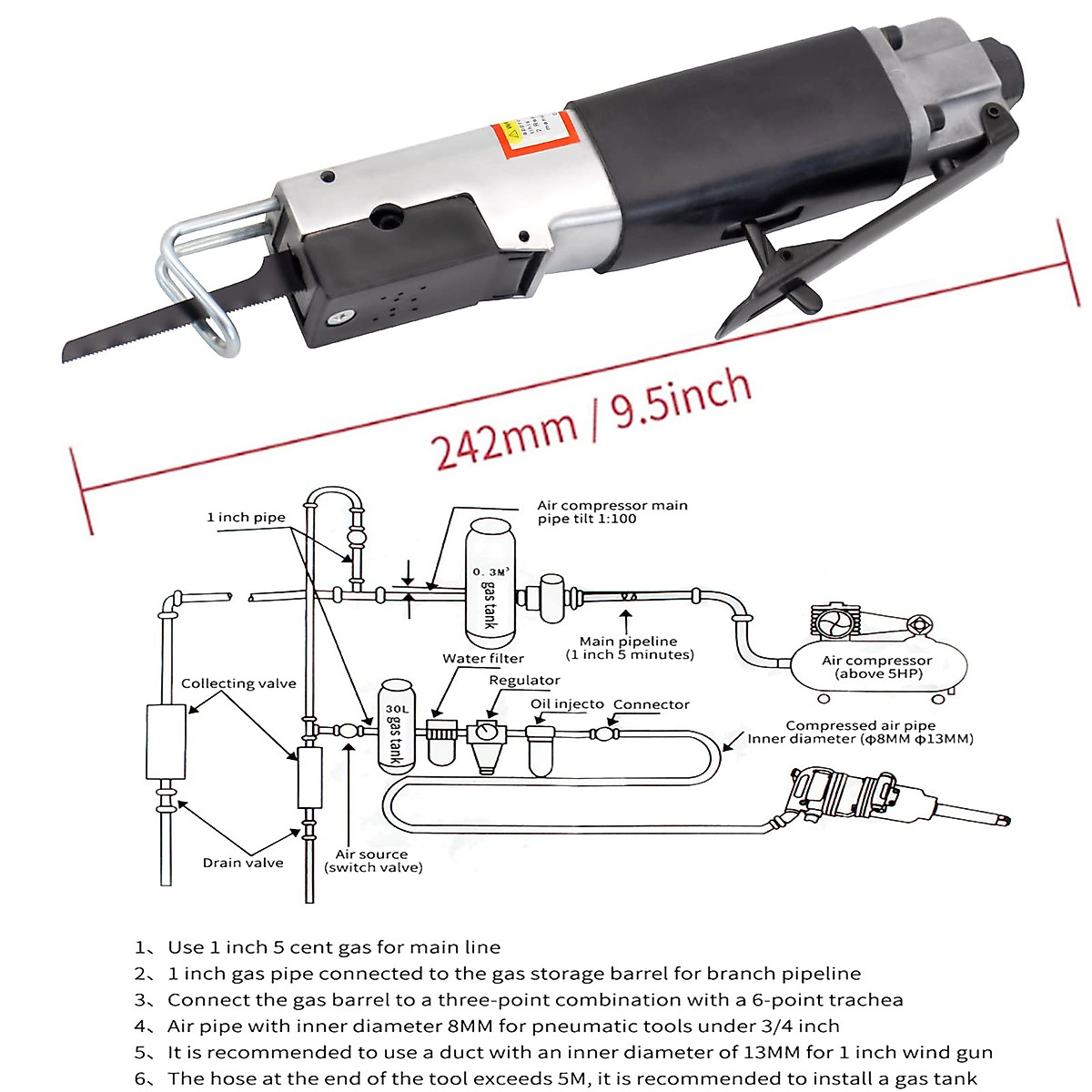 SDRTOP Air Reciprocating Saw Pneumatic body saws tool with 6pc 24T & 32T Blades Heavy Duty Hacksaw Cutter for Metal Sheet Cutting
