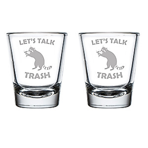 MIP Brand Set of 2 Shot Glasses 1.75oz Shot Glass Let's TALK Trash Raccoon Funny