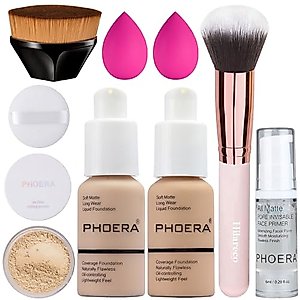 PHOERA Foundation, Full Coverage Foundation, PHOERA Primer, PHOERA Powder, PHOERA Makeup Set, Kabuki Makeup Brushes Foundation Brush Powder Brush,2 Pcs Makeup Sponge (102 Nude + 104 Buff Beige)