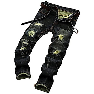 WEEN CHARM Mens Distressed Ripped Biker Slim Fit Straight Destroyed Wash Jeans Moto Denim Pants Black