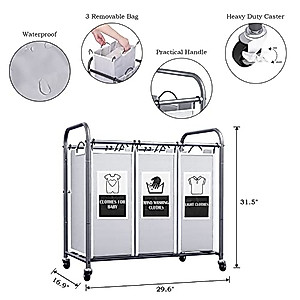C&AHOME 3-Bag Laundry Sorter Cart, Rolling Laundry Hamper Organizer, Laundry Basket Sorter, Removable Bags with 4 Sorting Cards and Heavy Duty Rolling Lockable Wheel for Clothes Storage, Grey ULSCM03G